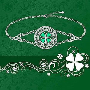 Shamrock Four Leaf Clover Bracelet for Women St Patricks Day Bracelet Sterling Silver Celtic Knot Irish Green 4 Leaf Clover Shamrock Bracelets Jewelry Charm Good Luck Gifts