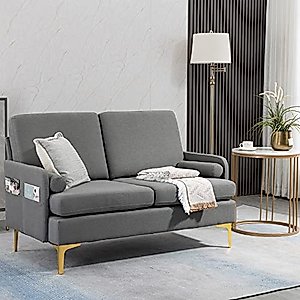 ZJhome 52'' Linen Fabric Modern Sofa Couch with Storage Pocket, Golden Y-Legs & 2 Pillows, Upholstered Comfy Small Loveseat Couch for Living Room, Bedroom, Office, Apartment, Small Space(Gray)