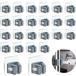 3-H Mop Hanger 24 Pack,Broom Holder Wall Mount Self Adhesive，Broom Hanger Wall Mount for Hanging and Storaging Organizing Laundry Room Bathroom Closet Kitchen (Grey)