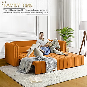 Antetek Oversized Sleeper Sofa w/Pullout Bed, 82-inch Modern Velvet Fabric Deep 3-Seat Couch with Metal Frame, 2 Toss Pillows, Comfy Upholstered Furniture for Living Room, Orange