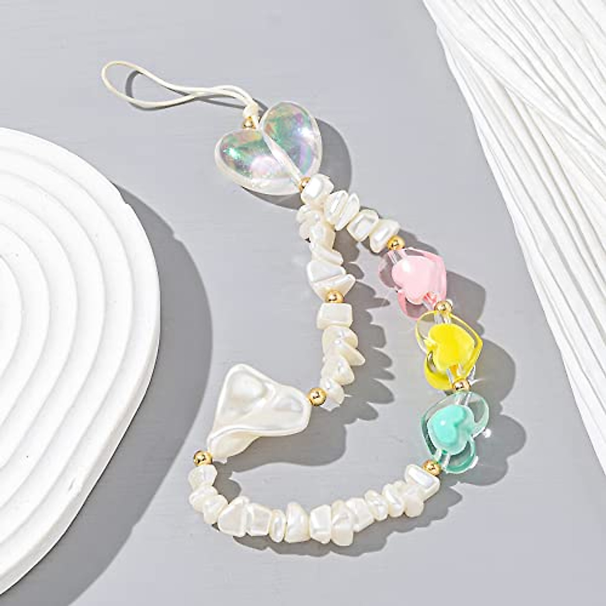 Mobile Phone Lanyard Pearl Beaded Phone Chain Transparent Heart Decor Phone Charm Universal Phone Lanyard Wrist Strap Anti Lost Phone Charm Strap Keychain Wallet Decoration Pendant for Women Girls