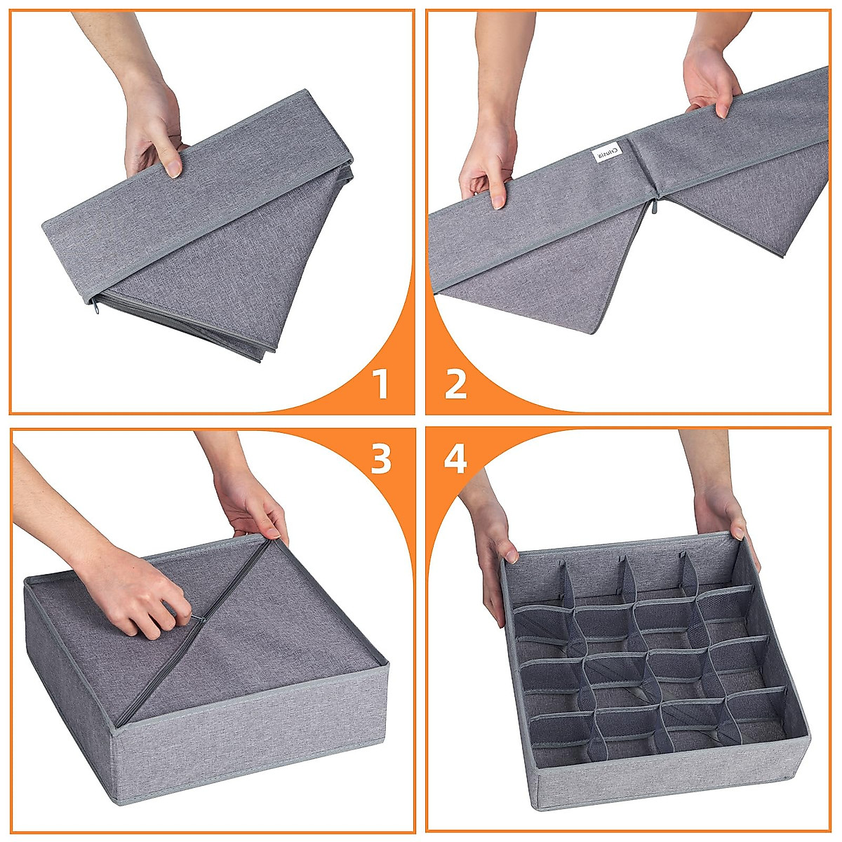 Criusia 3 Pack Sock Underwear Organizer Dividers, 64 Cell Drawer Organizers Fabric Foldable Cabinet Closet Organizers and Storage Boxes for Storing Socks, Underwear, Ties (16+24+24 Cell, Gray)