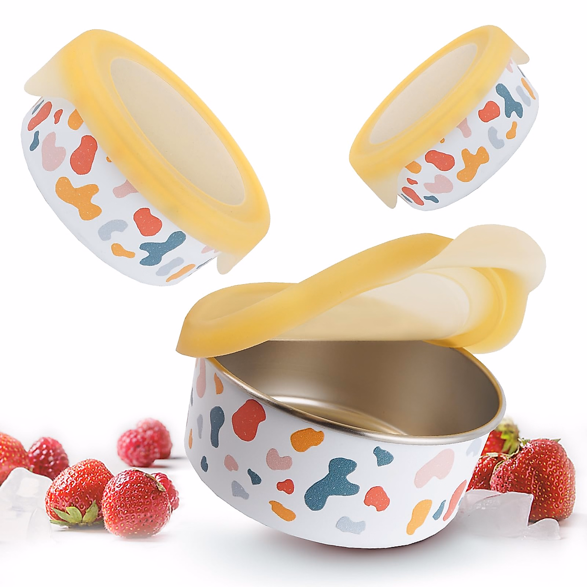 Yawbay Stainless Steel Snack Containers with Silicone Lids, Stackable Easy Open Leak Proof Snack Food Containers Metal Lunch Boxes for Office, Home, School and Travel (18oz/10oz/5.5oz)