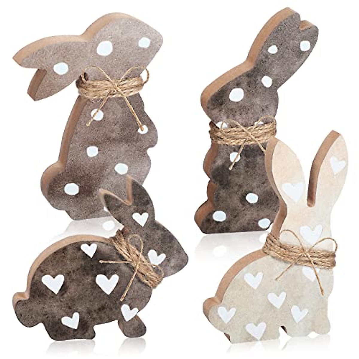 4 Pieces Easter Bunny Wooden Sign, Bunny Shape Easter Decorations Tabletop Rabbit Decor with Jute Rope Freestanding Farmhouse Rabbit Tiered Tray Decor for Spring Party Desk Office Gift Table Home