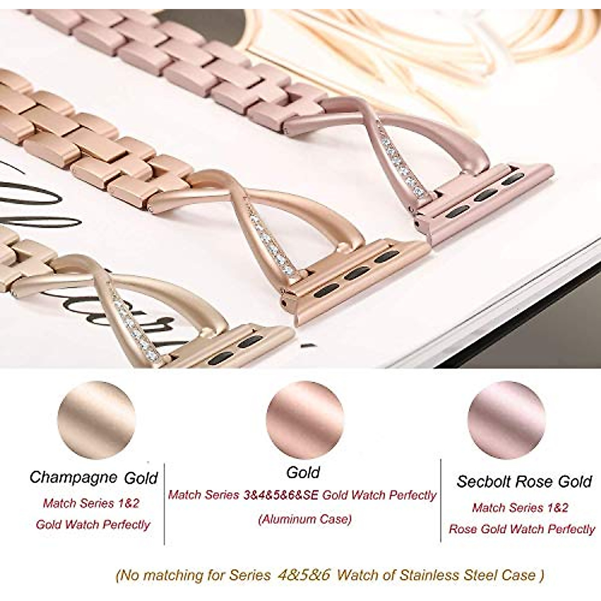 Secbolt Bands Compatible with Apple Watch Band 38mm 40mm 41mm Iwatch SE Series 8/7/6/5/4/3/2/1 Women Dressy Jewelry Stainless Steel Accessories Wristband Strap, Gold