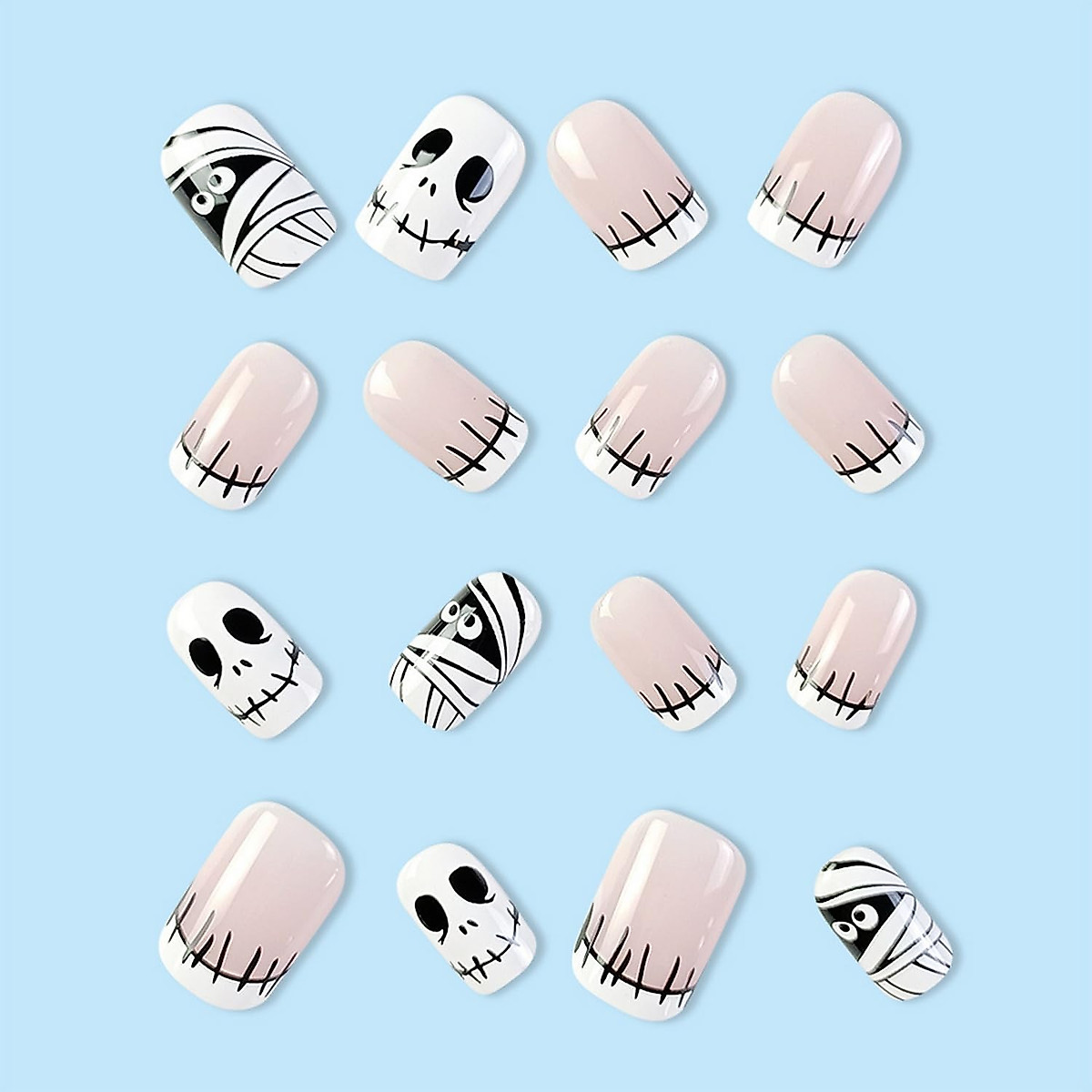 Halloween Short Mummy Design Fake Nails Square Press on Nails Glue on Nails Full Cover Odd Halloween Skull Nails Short Stick on Nails for Women and Girls Party Nail Art Manicure24ps