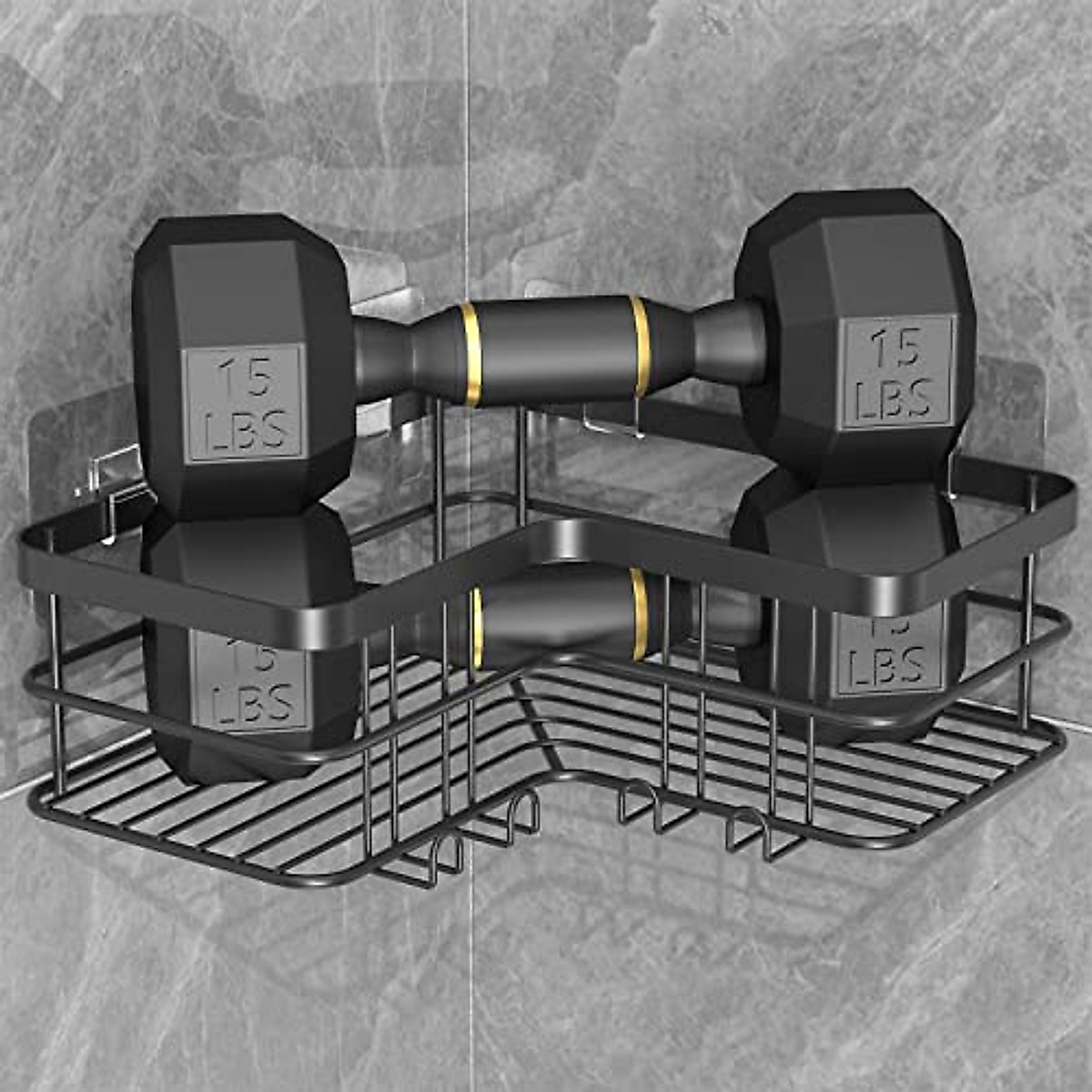 Yazoni Corner Shower Caddy, Adhesive Shower Shelves No Drilling [2-Pack], Rustproof Stainless Steel Bathroom Shower Organizer Wall Mounted with 8 Hooks and 6 Adhesives (Black)