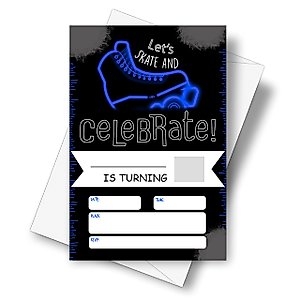 DETIHO 4" x 6" Blue Roller Skating Skating Theme Birthday Party Invitation Cards With Envelopes - Let's Skate and Celebrate - Neon Glow Skating Party Invitation - 20 Sets - E43