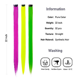 KGBFASS 32Packs Colored Hair Extensions 20Inch Straight Color Clip in on Hair Extension Rainbow Party Highlights Synthetic Hairpiece for Girls (16 colors)