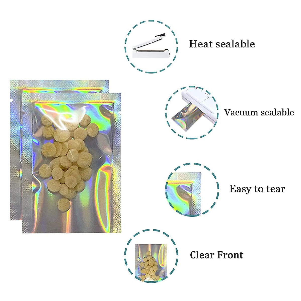 PABCK 100 Pieces 2.4x3.5 inch (Inside Size 2x3.1 inch) Front Clear Heat Seal Bags Open Packet Aluminum Foil Pouch for Packaging Candy Food Storage with Tear Notches