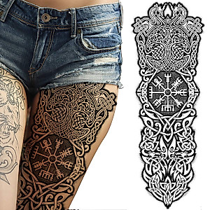 Tatodays temporary tattoo full arm stick on body art viking icelandic medieval celtic transfer for women and men cosplay halloween adult aegishjalmur temp tattoo tree of life wolfs fancy dress