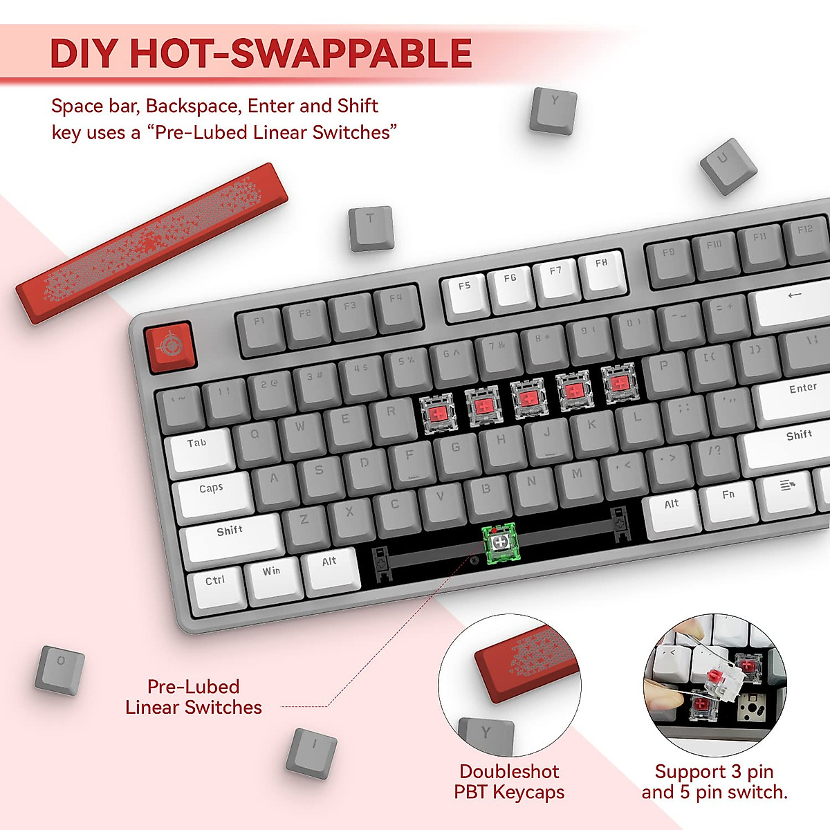 Magic-Refiner AK873 Gaming Keyboard,Rainbow Led Backlit,Hot-Swappable Linear Red Switch,PBT Keycap,75% TKL Layout,Ergonomic Mechanical Keyboard with Custom Coiled USB/Type-C Aviation Cable(White Grey)