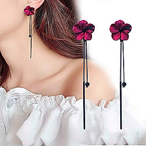 Trendy Red Green Poppy Flower Black Long Line Bar alloy Tassel Earrings for Women Charm Drop Dangle Earring Jewelry (Red)