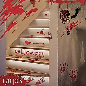 Halloween Decorations 170 PCS Halloween Window Clings, Bloody Handprint Footprint Halloween Wall Decal Floor Clings with Tattoo Stickers, Scary Halloween Decoration Window Stickers