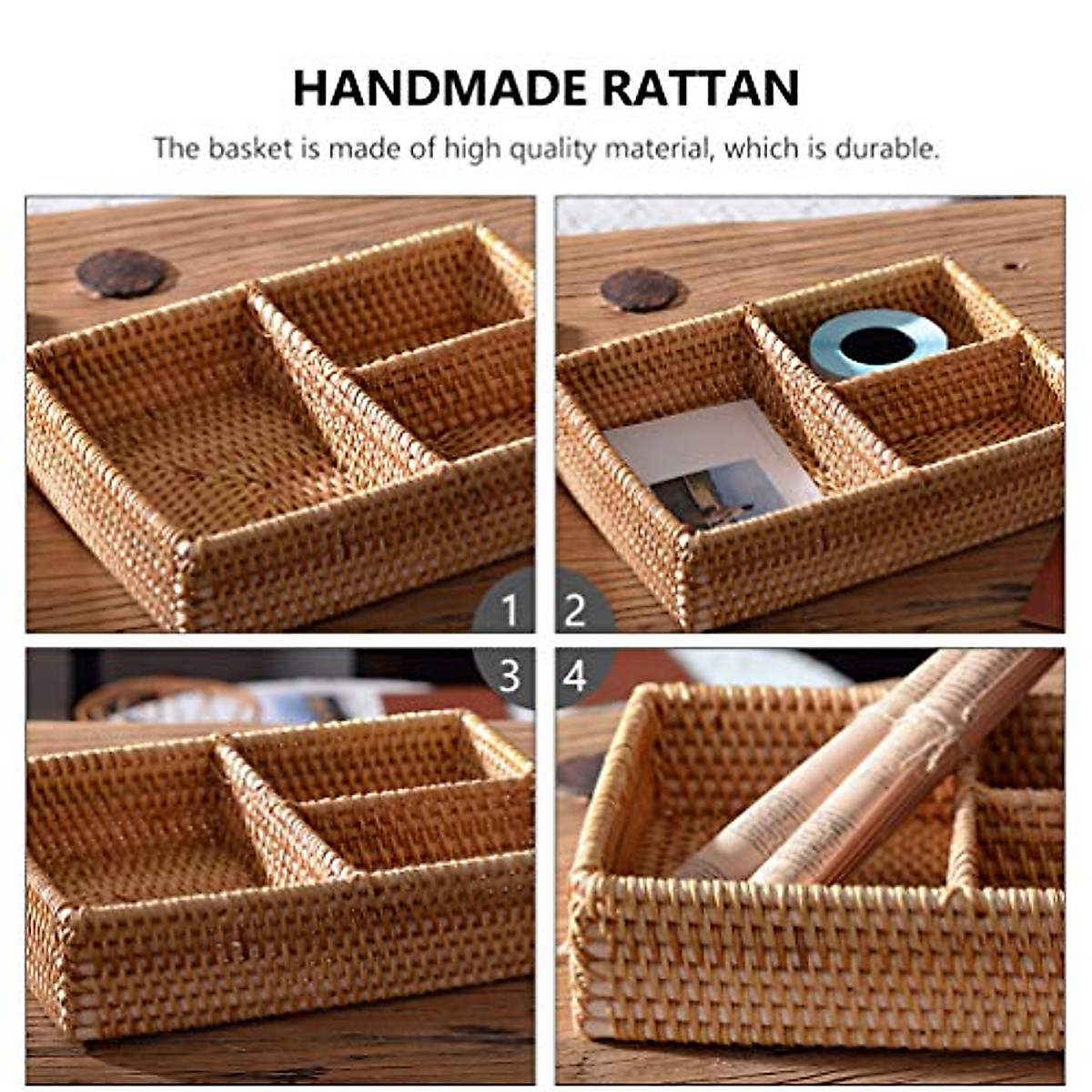 BESPORTBLE Rattan Basket Divided Woven Storage Case 3- Compartment Wicker Organizer