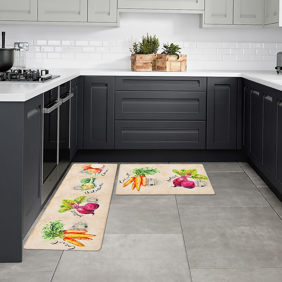 Vegetables Four Prints 2 PCS Memory Foam Kitchen Mats, Water Absorbent Kitchen Rugs, Anti-Skid Kitchen Mat and Rug for Kitchen, Floor Home, Office, Laundry, Sink Retro Kraft Paper Texture