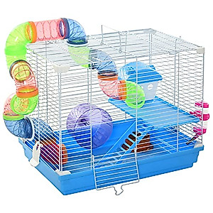 PawHut 2-Level Hamster Cage Rodent Gerbil House Mouse Mice Rat Habitat Metal Wire with Exercise Wheel, Play Tubes, Water Bottle, Food Dishes, & Interior Ladder