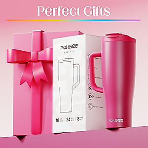 FOHGEE 40oz Tumbler with Handle and Straw Lid【Magnetic lid + Removable built-in straw】100% Leak-proof Travel Coffee Mug, Stainless Steel Insulated Cup, Keeps Cold for 24Hrs (ChillWave Rosy Bloom)