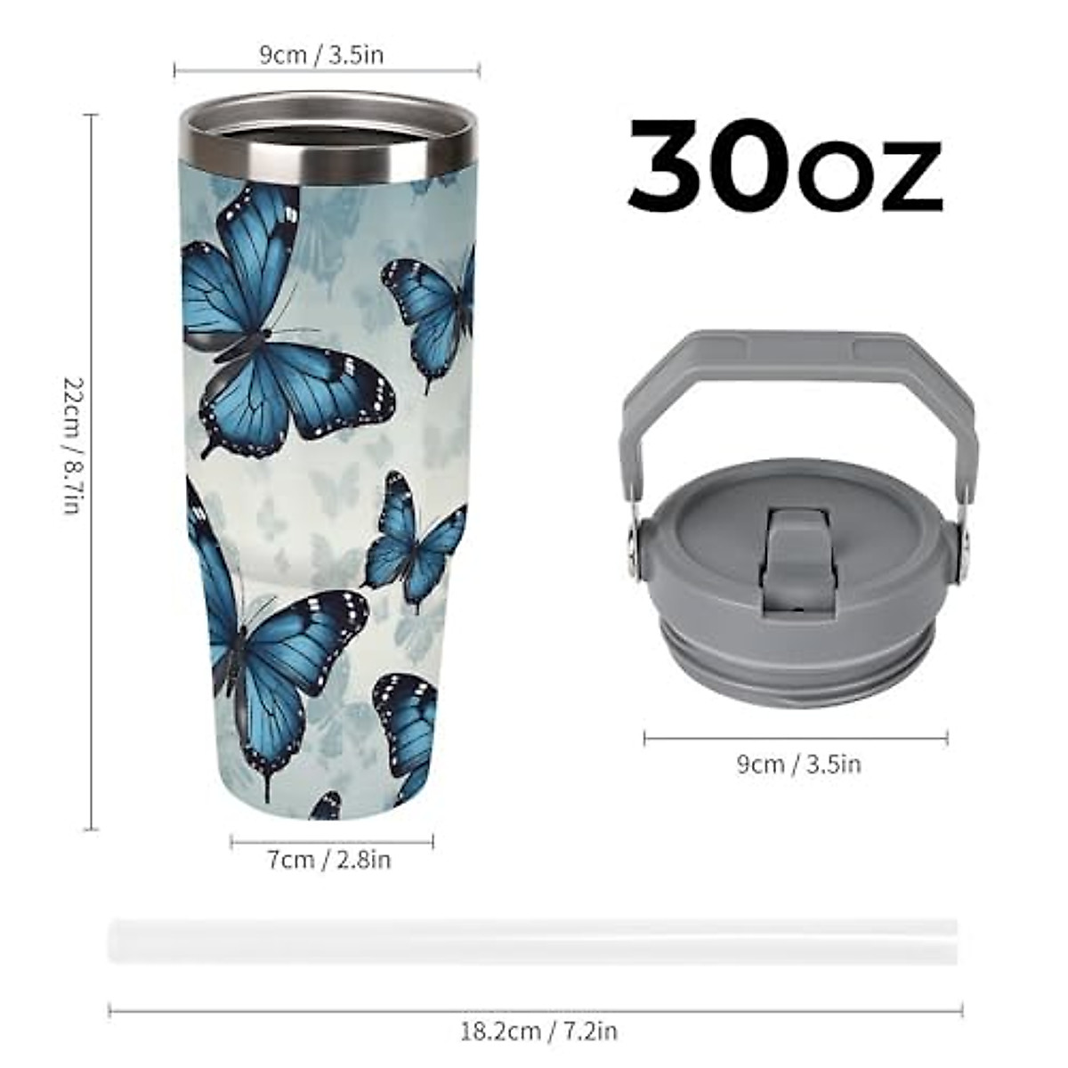 STVNKML 30 Oz Tumbler with Handle And Straw, Blue Butterfly Leakproof Stainless Steel Water Bottle for Hot & Cold Drinks 24 Hours, Car Cup Holder Friendly, Travel Mug for Home, Office, Gym