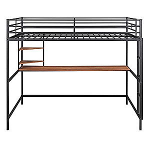 Voohek Metal Multifunctional Loft Bed Full-Size, Bedframe with Desk and Guardrail, Shelve and Ladder, for Kids, Adults, Bedroom, No Box Spring, Black
