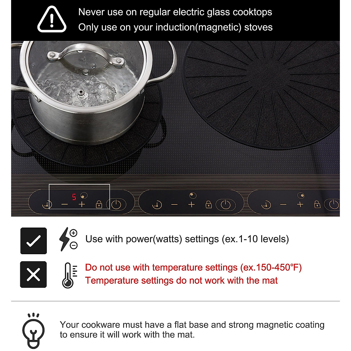 Lazy K Induction Cooktop Mat - Silicone Fiberglass Scratch Protector - for Magnetic Stove - Non Slip Pads to Prevent Pots from Sliding During Cooking_ Black (11inches)