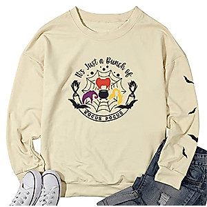 MOUSYA It's Just A Bunch of Hocus Pocus Sweatshirt Women Halloween Sanderson Sisters Graphic Long Sleeve Pullover Shirt Apricot