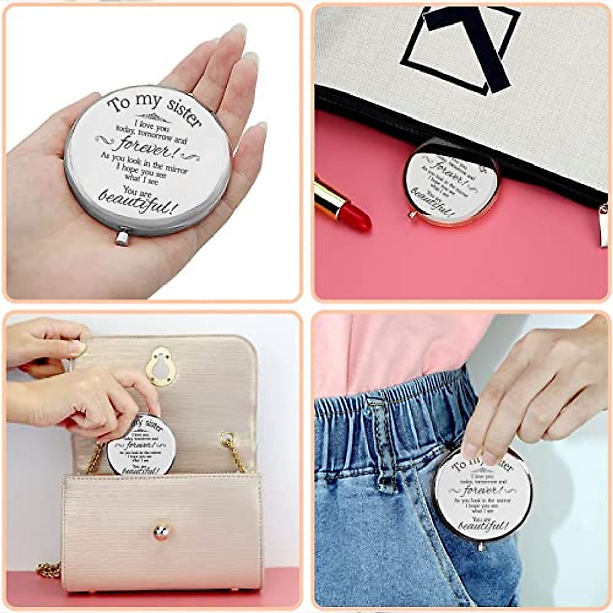 Simple Plus+ Sister Gifts from for silver Compact Mirror,gifts brother,bridesmaid wedding day,2.6 inch Round Folding Handheld 2-Sided Mirror 1x/2x Magnification Mirror. (01)