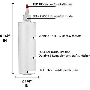 BRIGHTFROM Condiment Squeeze Bottles, 12 OZ Empty Squirt Bottle with Red Top Cap, Leak Proof - Great for Ketchup, Mustard, Syrup, Sauces, Dressing, Oil, Arts and Crafts, BPA FREE Plastic - SET of 2