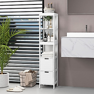 LOKO Tall Bathroom Storage Cabinet, Wooden Slim Bathroom Cabinet with Anti-toppling Device, Tall Narrow Storage Cabinet with 2 Removable Drawers, White