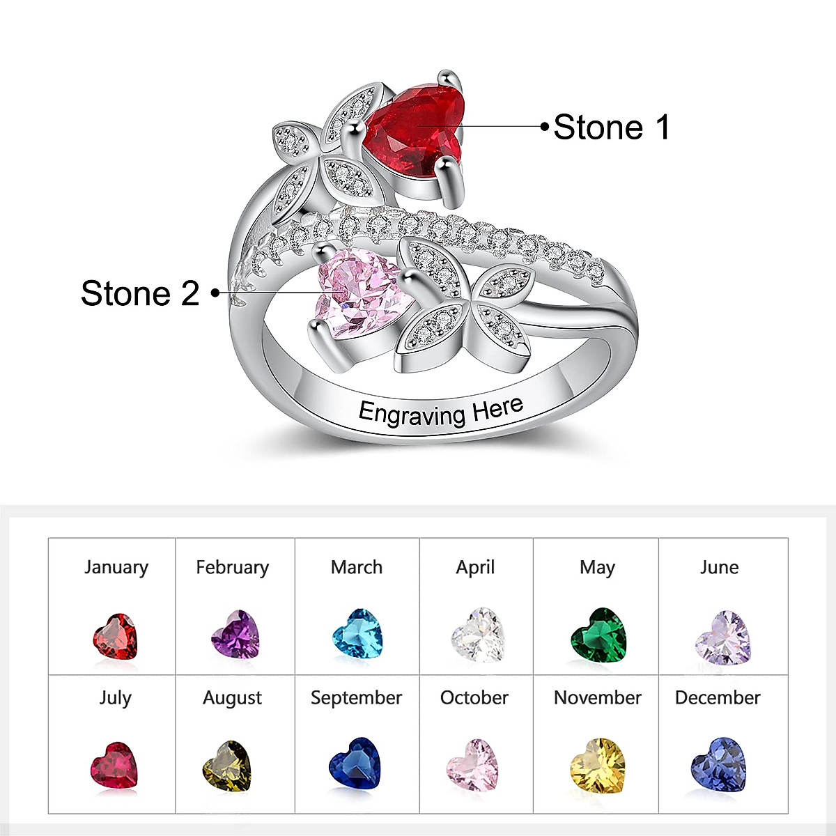 LanM Personalized Promise Rings for her Butterfly Rings for Mother with 2 Simulated Birthstone Engraved Womens Names Mother Rings for Family Mother Day Gift, Silver