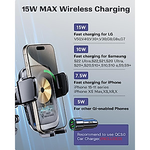 KPON Car Phone Holder Wireless Charger, Auto Clamping Wireless Car Charger Mount 15W/10W/7.5W for Dashboard, Automatic Air Vent Windshield Mount for iPhone 15 14 13 12 11/Samsung/LG/Google Pixel