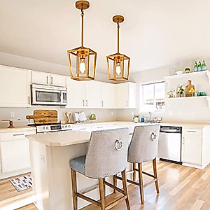 SGLfarmty 1-Light Gold Pendant Light, Farmhouse Cage Pendant Lighting Fixture for Kitchen Island, Lantern Pendant Lights Brass Finish with Glass, Modern Geometric Hanging Light for Foyer, Entryway