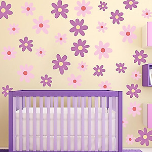 Runtoo Pink Purple Daisy Flower Wall Art Stickers Boho Floral Wall Decals for Nursery Living Room Girls Bedroom Wall Decor