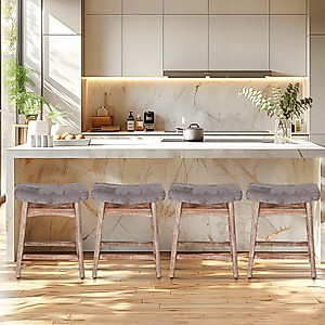 ALPHA HOME Bar Stools Set of 2, Solid Wood Saddle Kitchen Stools with Grey Linen Fabric Cushion Counter Height Barstools, 24 Inch, Grey, 2PCS