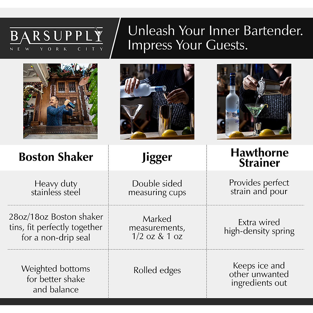 Professional Boston Cocktail Shaker Set | 4-Piece Bar Set | Stainless Steel 304 | 28oz/18oz Weighted Shaker Tins | Hawthorne Strainer | Double Sided Jigger | Recipe Booklet | Bartender Kit (Copper)