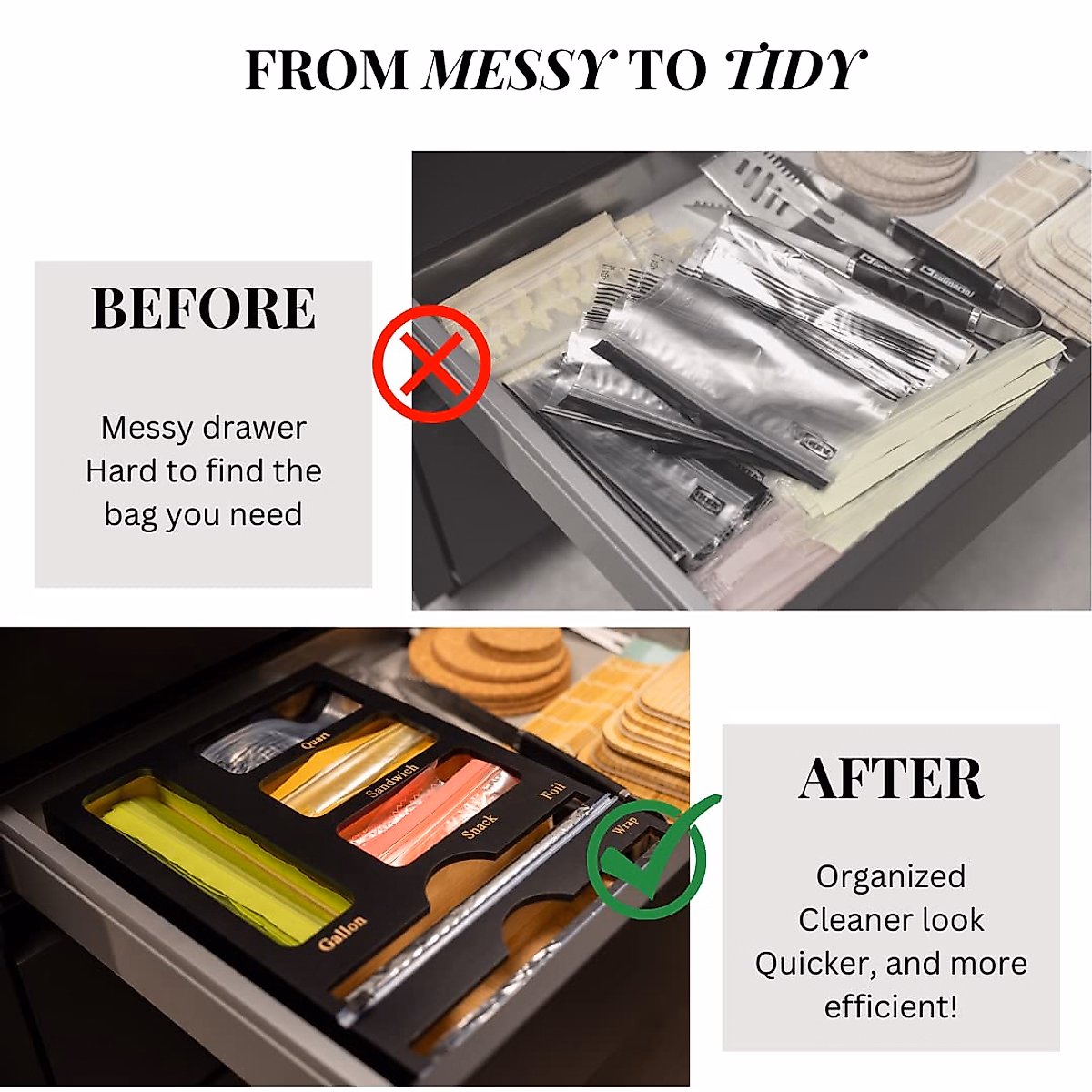 Tidy Hero - Ziplock Bag Organizer with Foil and Wrap Dispenser - 6 IN 1 Luxury Bamboo Plastic Bag Organizers with Cutter for Kitchen Drawers, Kitchen Organization Gadgets for Home, Gift, Black