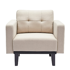 AYEASY Linen Mid-Century Modern Cream Accent Set of 2, Oversized Upholstered Single Sofa Chair Base and Wood Legs, Comfy Living Room Armchairs for Apartment Bedroom Office Study, Ivory/Beige