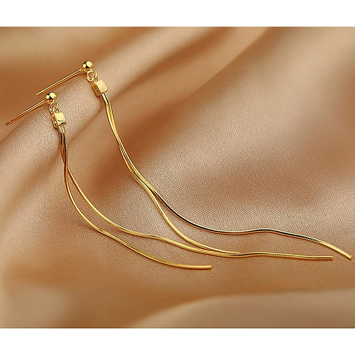 Reffeer Solid 925 Sterling Silver Tassel Chain Dangle Earrings for Women Teen Girls Long Dangle Drop Earrings Minimalist (B-18K Gold)