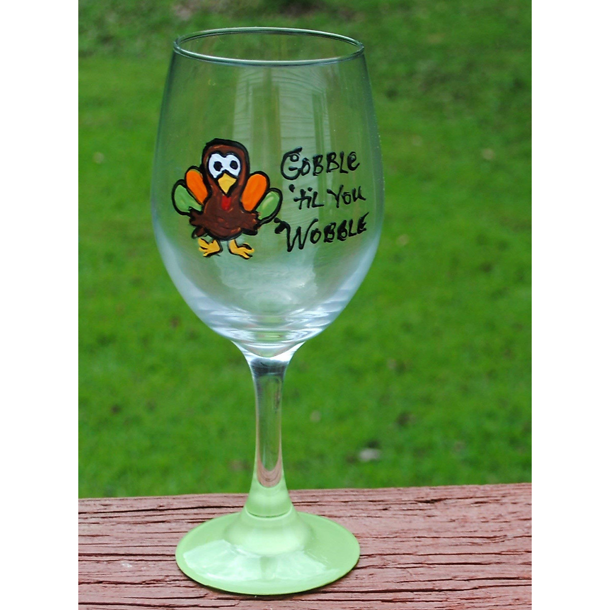 Thanksgiving Turkey Orange Green Gobble Til You Wobble Hand Painted Wine Glasses Set of 2