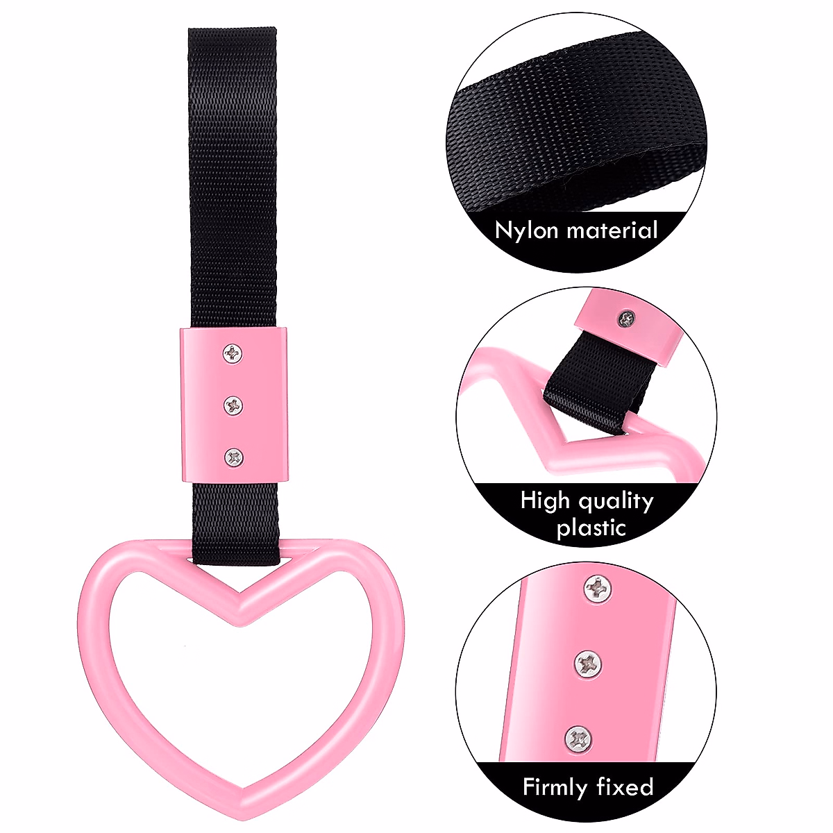 4 Pieces Rings Heart Shaped Car Handle Straps Bumper Warning Ring Decor Subway Bus Heart Handle for Car Interior (Pink)
