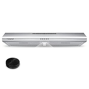 AMZCHEF Under Cabinet Range Hood 30 Inch, 250CFM Stainless Steel Kitchen Stove Vent Hood 3 Speed Exhaust Fan Button Control LED lights Dishwasher-Safe Aluminum Filters with Charcoal Filter