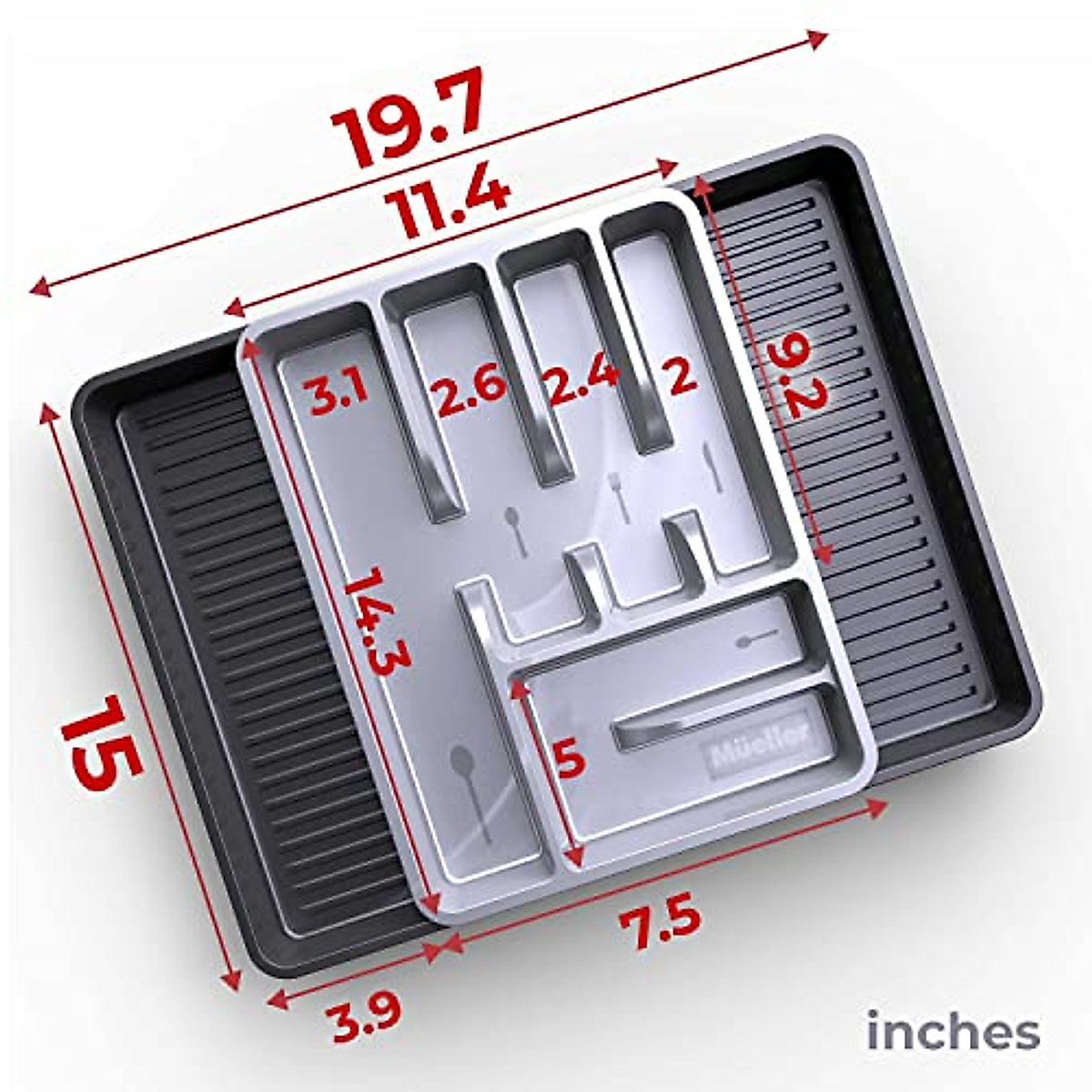 Mueller Large Flatware Kitchen Drawer Organizer, Expandable 19.7" x 15" Silverware Organizer, 6 Compartments, Heavy-Duty, Cutlery Tray for Utensils or Stuff, Dining Room, Living Room, Grey