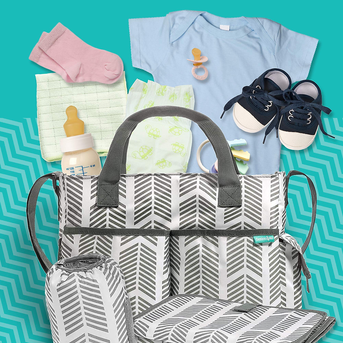 Diaper Bag/Breast Pump Tote Bag- Stylish Arrows, Functional Baby Stroller Organizer - Adjustable Stroller Strap - Eight Total Pockets - Easy to Clean - BONUS: Baby Changing Pad…