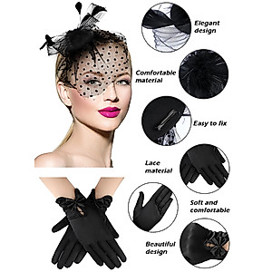 Geyoga 50s Fascinator Hat for Women Funeral Veil Hat Pillbox Cocktail Tea Party Headpiece and Lace Glove (Black,Elegant Style)