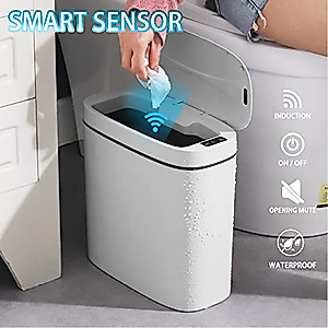 Smart Touchless Bathroom Trash Can with Lid, 3.4 Gallon Volume Automatic Motion Sensor Rubbish Can Waterproof Electric WasteBasket, Narrow Garbage Can for Kitchen/Bedroom/Bathroom/Living Room/Office