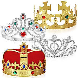 Bonuci 4 Pcs King Crowns Queen Tiara Princess Adjustable Crowns Gold Crown Funny Party Hats Royal Halloween Costume Prom Accessories