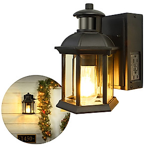 ropelux Outdoor Motion Sensor Porch Light with 2 GFCI Outlets, Dusk to Dawn Wall Light,Anti-Rust Exterior Porch Lights Wall Mount with 3 Modes,Waterproof Light Fixture for House Garage
