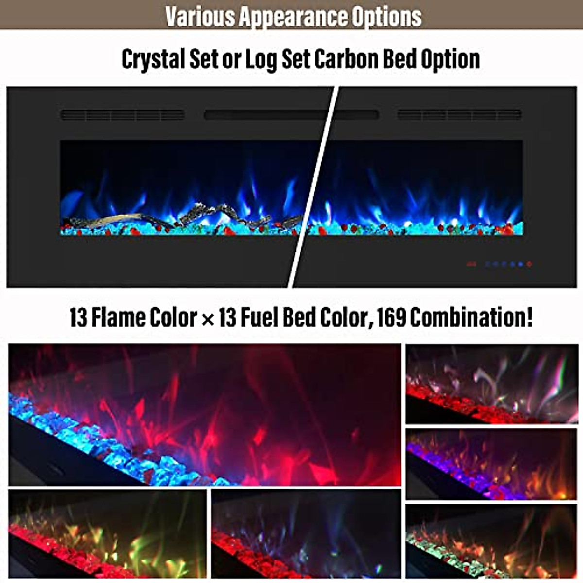 Masarflame 42 Inch Electric Fireplace, Recessed and Wall Mount Fireplace Heater, Quiet & Linear Fireplace Insert with 13×13 Adjustable Flame Color, Thermostat & Timer, Remote & Touch Screen