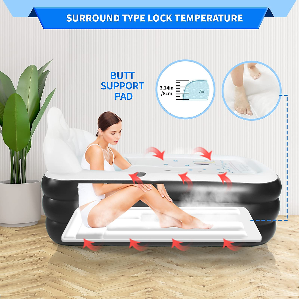 Inflatable Portable Bathtub-Family SPA Freestanding Bathtub with Bath Pillow-Inflatable Bathtub With Neck and Back Support-Suitable For Cold Plunge Tub-Training Tub-Ice Bath ＆ Hot Bath,63''X35''(Grey)