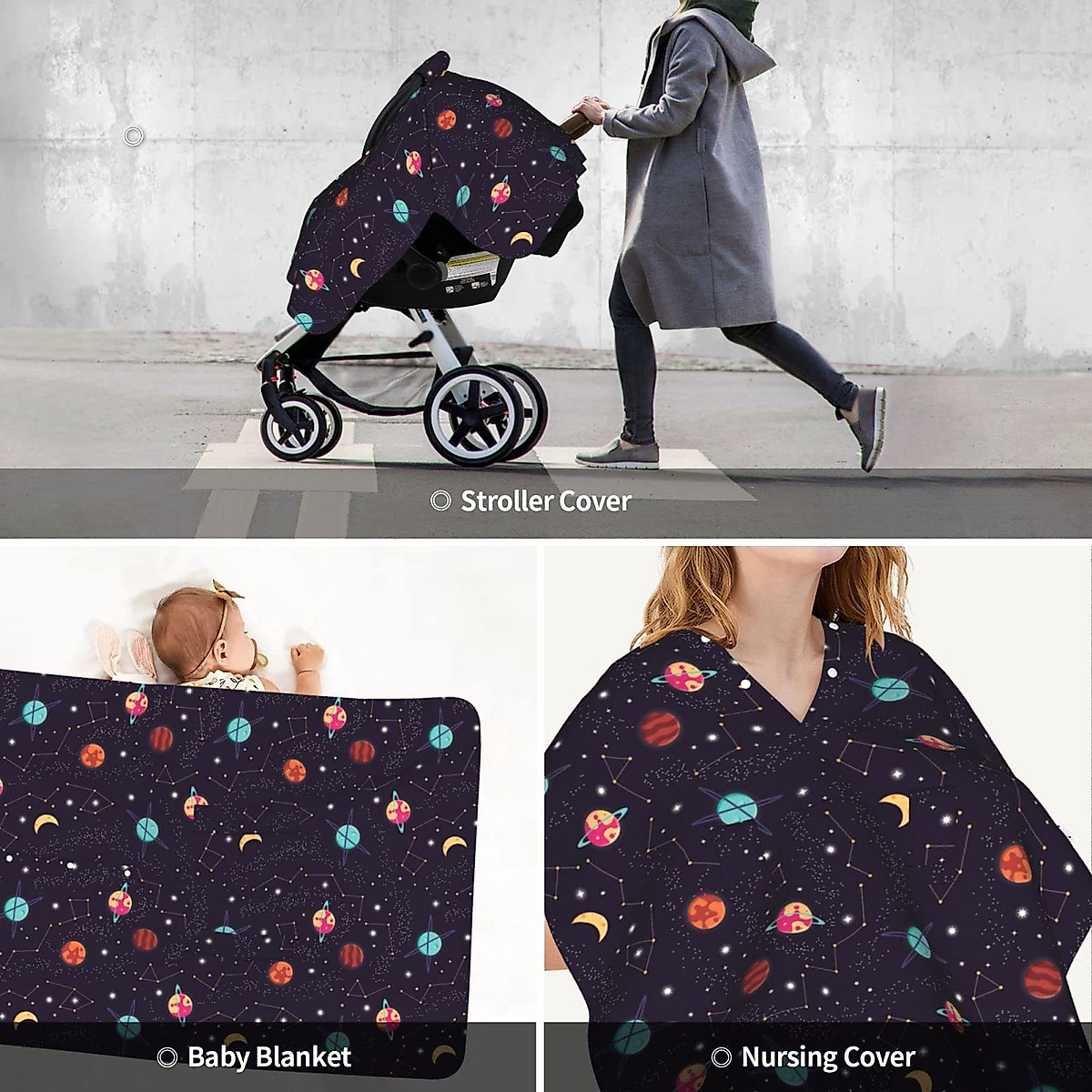 Rutiea Planets and Stars Car Seat Cover for Babies, Peekaboo Opening Minky Carseat Canopy Stroller Cover for Newborn, Mom Nursing Breastfeeding Covers, Blanket for Infant Toddler